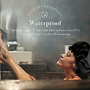 Extra Large Reusable Shower Cap for Men, Women (Black 4 Pack ) Satin Double Layer EVA Waterproof Long Hair Cap