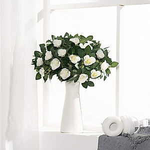 Houele - 6 Pcs 10.92" Milky White Flowers, Artificial Rose Bouquet Fake Flowers, Faux Plastic Greenery Foliage Plants for Home Garden Office Wedding Indoor Decoration