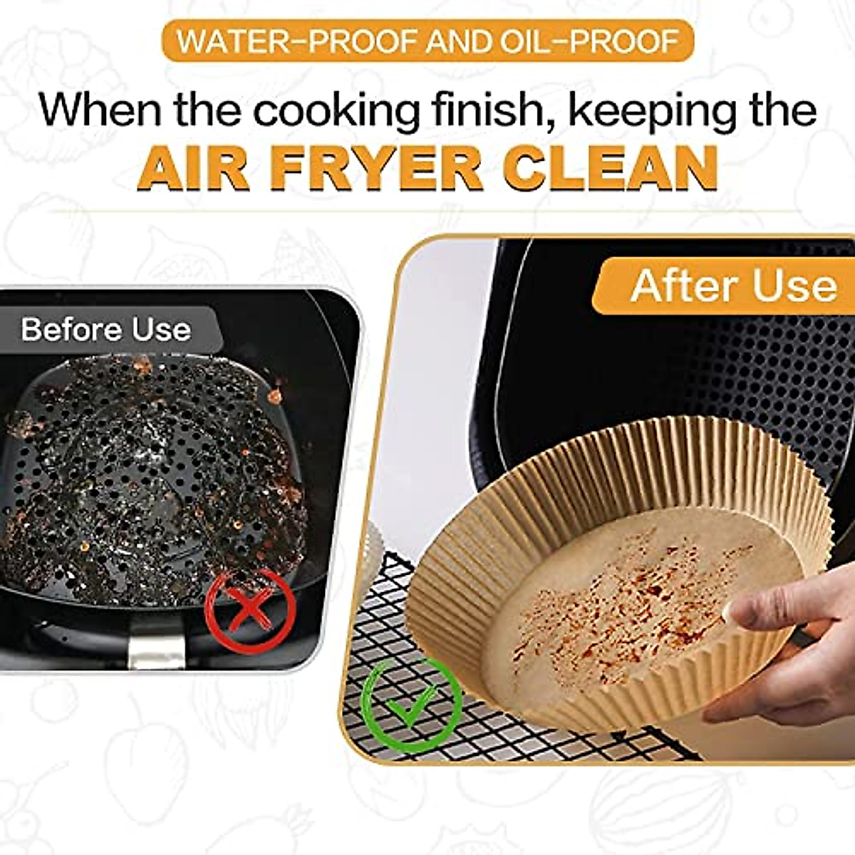 AIR FRYER PAPER TRAY | DISPOSABLE PAPER LINERS | 50 PCS | NON-STICK | GREASE PROOF | ROUND BAKING PAPER | WATER PROOF | SAVE TIME CLEANING | MULTI USE (7.9inx1.9in)