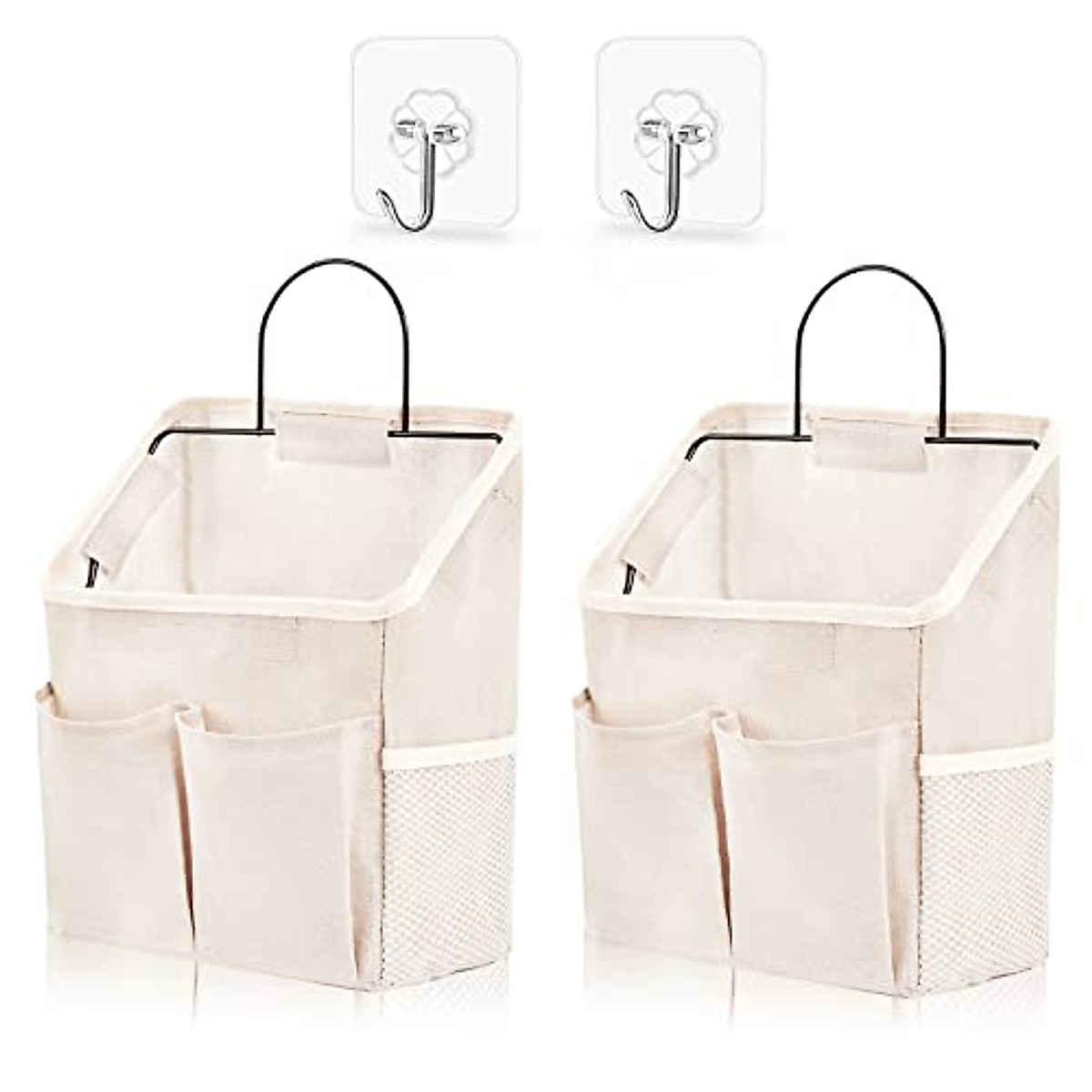 Wall Hanging Storage Basket Bag with Free Hooks,Bedside Storage Caddy,Dorm Room Essentials(2PC,White)