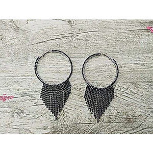 CZ Tassel Statement Drop Dangle Large Hoop Earrings for Women Cubic Zirconia Fringe Dangling Huggie Big Hoops Hypoallergenic Piercing Stud Lightweight Earring Wedding Party Jewelry (Black)