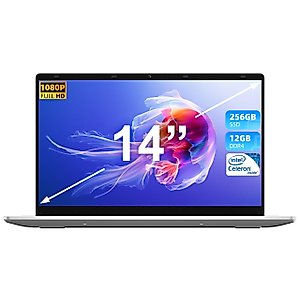 jumper Laptop Computer, Quad-Core Intel Celeron J4105, 12GB LPDDR4 256GB Storage, 14" Laptops 1080P FHD Display, Lap Top with 35520mWH Battery, 2.4G/5G WiFi, BT4.0, Type-C, Extendable 256GB TF Card.