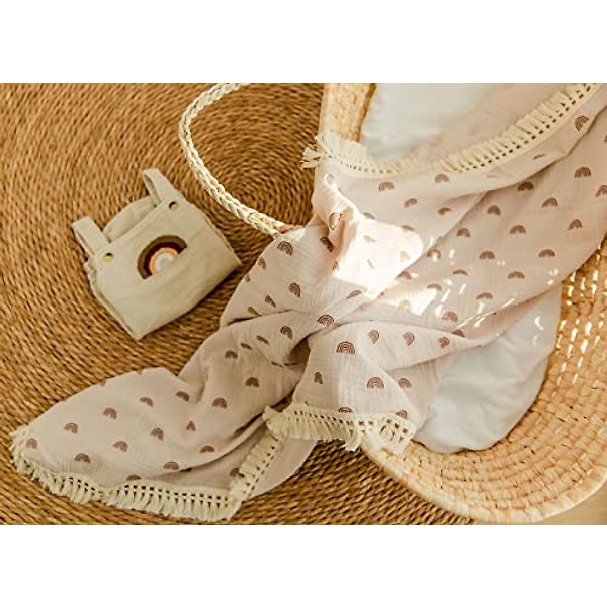 CHUNGEL Cotton Baby Muslin Tassles 40"x 47", Baby Receiving Blanket with Fringe, Boho Muslin Swaddle Blanket with Fringe- Earth Rainbow…