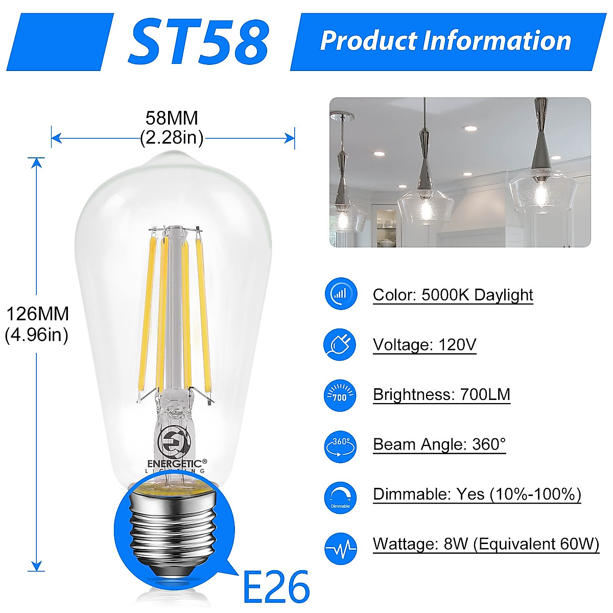 ENERGETIC Dimmable LED Filament Light Bulbs, High Brightness, 8W, 60 Watt Equivalent,ST58 ST18, Daylight 5000K, Classic Clear Glass, 4 Pack