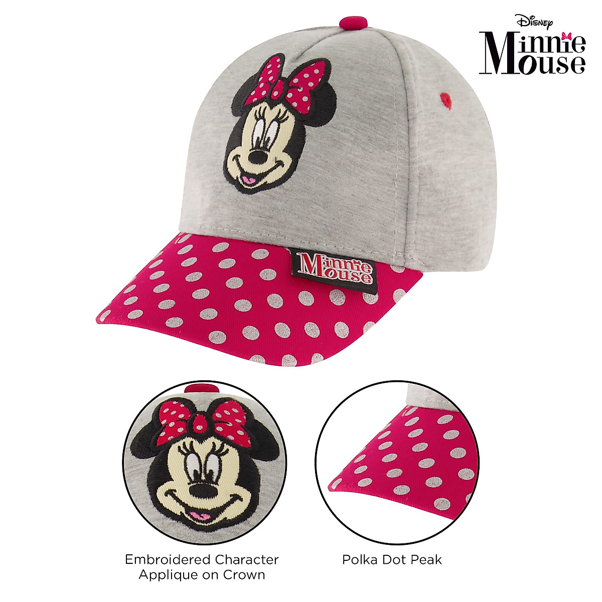 Disney Little Baseball Cap, Minnie Mouse Adjustable Girl Hats for Kids Ages 4-7, Red/Grey Polka Dots