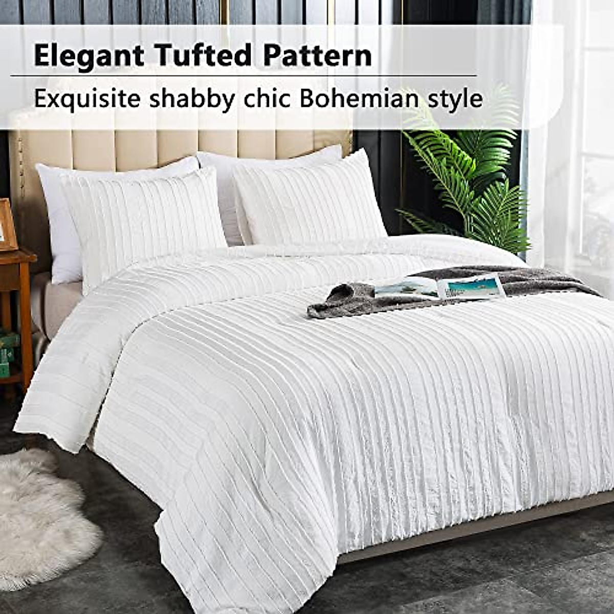 Andency White Queen Size Comforter Set, 3 Pieces Boho Tufted Striped Bedding Comforter Set for Queen Bed, All Season Lightweight Soft Fluffy Microfiber Bed Set