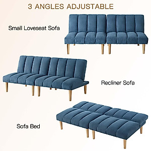 MEGA FURNIT Convertible Futon Sofa Bed - Modern Sleeper Loveseat with Adjustable Backrest, Wooden Legs, and Soft Corduroy Fabric for Living Room, Bedroom, and Small Spaces (Blue)