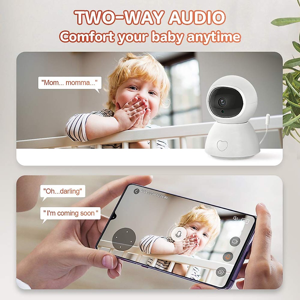 EVERSECU WiFi Baby Monitor Pet Camera Support Temperature Detecting, Sound Detecting and 6 lullabies, 2 Way Audio, Night Vision, Tuya Smartphone app for remoteview