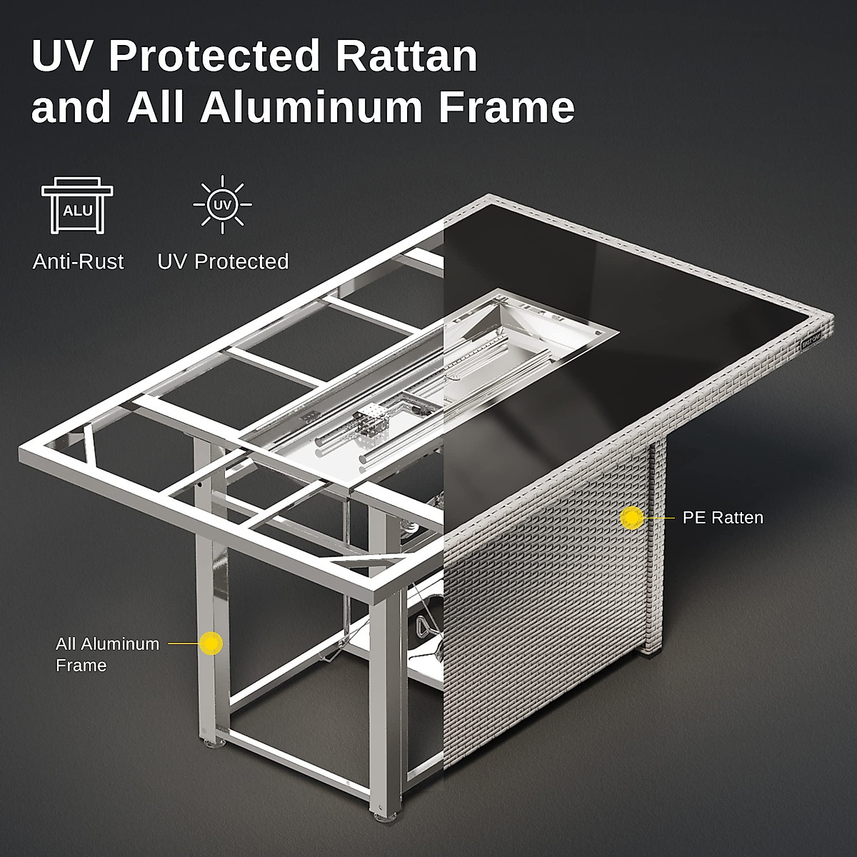 EAST OAK 52'' Propane Fire Pit Table, 60,000 BTU Gas Firepit W/Large Tempered Glass Tabletop, CSA Certified Outdoor Patio Fire Table with 9.2 lbs Glass Stone & Removable Lid, Grey