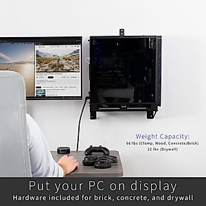 VIVO Clamp-on Desk Extender PC Desk Mount Holder with Wall Mount Option, Standard and Large Gaming Computer Case Stand, Adjustable with Secure Locking, Black, MOUNT-PC07G
