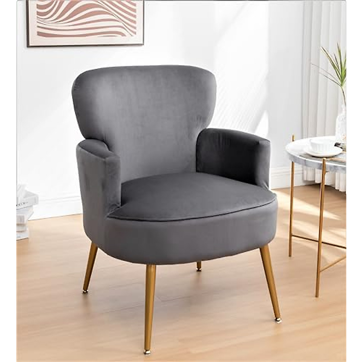 Container Furniture Direct Trendy Velvet Accent Chair with Gold Metal Legs, Upholstered Armchair for Small to Mid-Size Spaces, Modern Living Room, Bedroom, Vanity Desk and Entryway, Medium, Grey