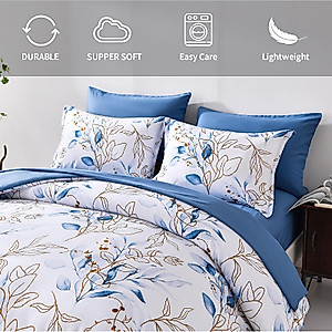 Blue Botanical Duvet Cover Set Queen, 3 Pieces Reversible Blue Gold Leaves Printed Bedding Set with Zipper Closure, Soft Microfiber Flower Duvet Cover Queen 90"x90"(Not Comforter)