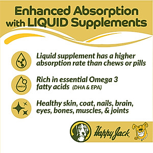 Happy Jack Cod Liver Fish Oil for Dogs Skin and Coat Supplement, Brain, Eyes, Bones, Hip, Joint, Heart & Immune System Health, Energy Booster (16 oz), Omega 3 with EPA & DHA, Vitamin A & D