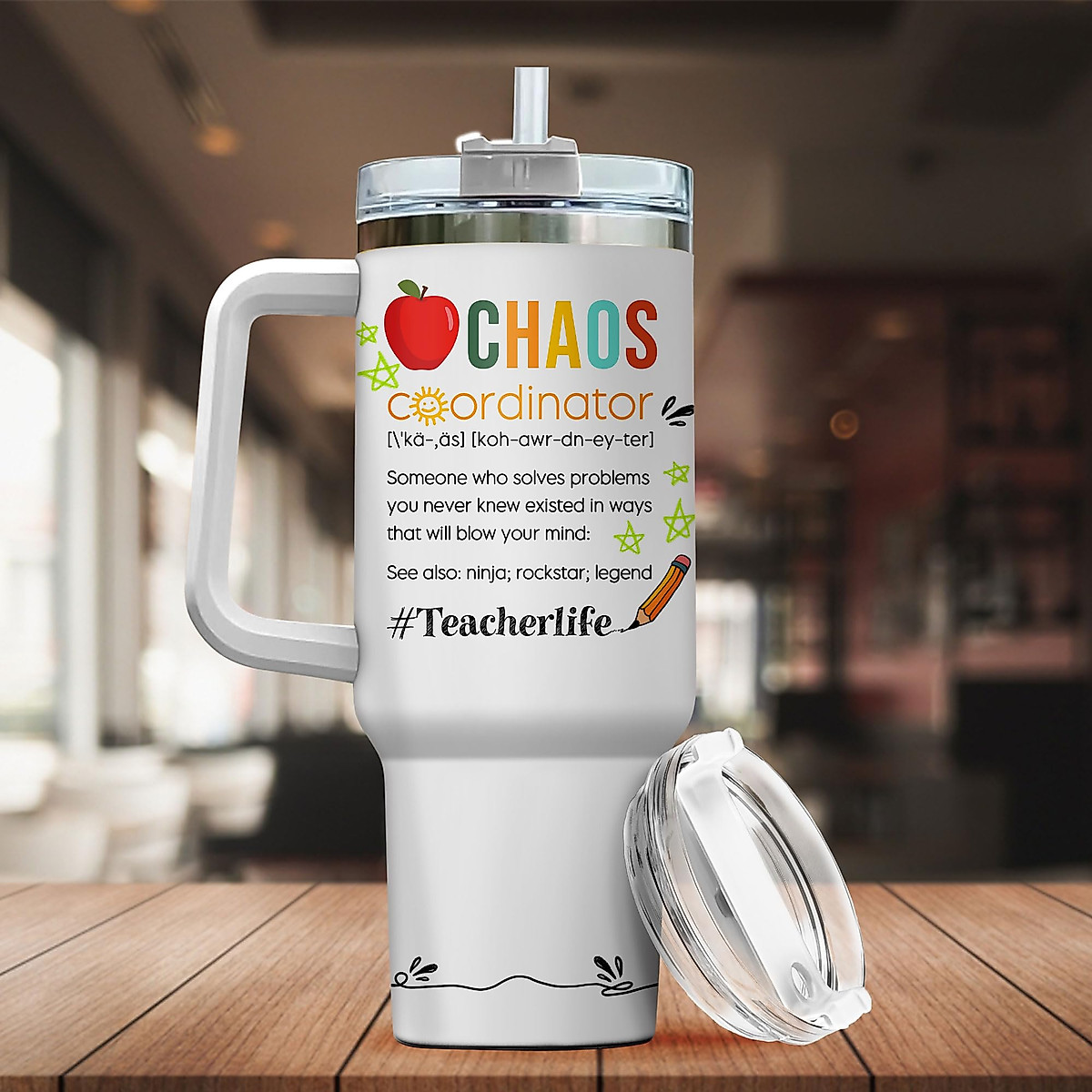 9SUNFLOWER Life Chaos Coordinator Teacher Nutrition Facts Insulated Cup, 40 Oz Tumbler With Handle, Lid and Straw