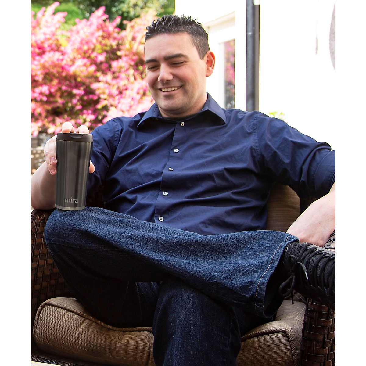 MIRA 12 oz Stainless Steel Insulated Travel Mug for Coffee & Tea - Vacuum Insulated Car Tumbler Cup with Spill Proof Twist On Flip Lid - Thermos Keeps Drinks Steaming Hot or Ice Cold - Gray Satin