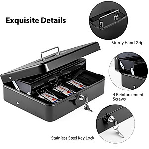 WOT I Steel Cash Box with Money Tray with Key Lock, 11.8"L x 9.5"W Cash Lock Box with Tray Cover / 5 Coin Trays / 4 Bill Slots / 2 Keys (Black))