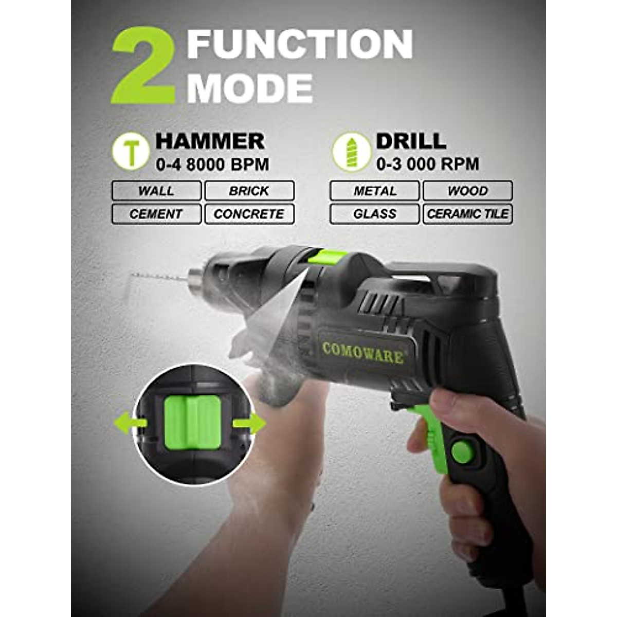 COMOWARE Hammer Drills for Concrete, 1/2 In. Corded Drill, Hammer Drill, Variable Speed 0-3000RPM, Max 48000BPM, Hammer & Drill 2-in-1 Concrete Drill, 6.5 Amp Power Hammer Drills with 10 Masonry Bits