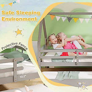 Giantex Twin House Bed with Trundle, Wood Kids Bed Frame with Roof & Fence Rails, Montessori Bed for Kids, Teens, Girls & Boys, No Box Spring Needed, Kids Trundle Bed Twin, Grey