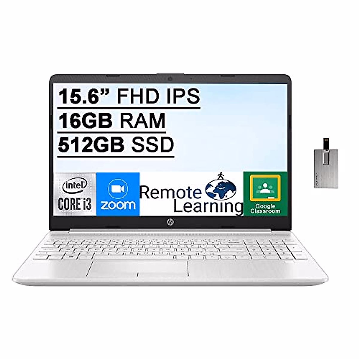 HP 2021 15.6" FHD IPS Laptop Computer, 11th Gen Intel Core i3-1115G4 (Beats i5-8265U), 16GB RAM, 512GB PCIe SSD, Intel UHD Graphics, HD Webcam, Fingerprint, Win 10S, Silver, 32GB USB Card