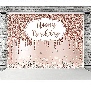 Pink Rose Golden Birthday Party Backdrop Glitter Diamonds Happy Birthday Background Girls Sweet 16 18th 21th Birthday Party Decorations Cake Table Banner Supplies 7x5ft