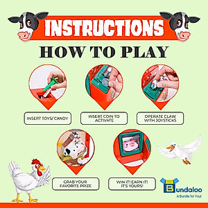 Bundaloo Claw Machine Arcade Game - Electronic Mini Candy and Toy Grabber Dispenser - with Sound & 3 Mini Plush Farm Animals