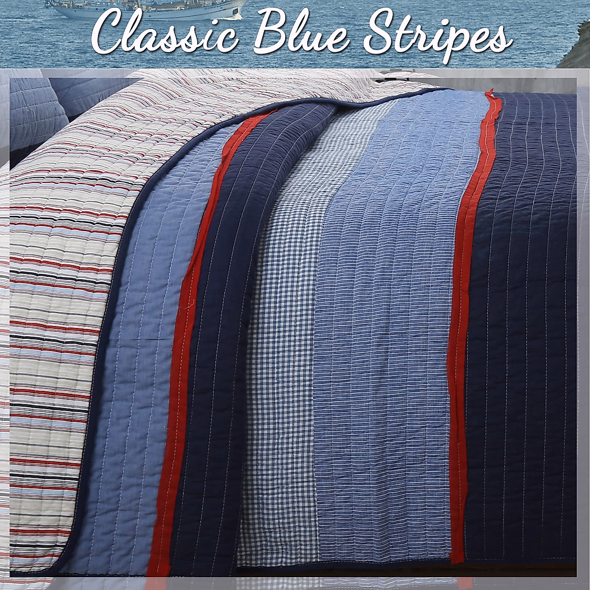 Cozy Line Home Fashions Navy Blue Red Striped Boy 100% Cotton Reversible Quilt Bedding Set, Coverlet, Bedspread (Harlan, Queen - 3 Piece)