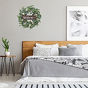 CEWOR 20in Green Eucalyptus Wreath with Welcome Sign Artificial Eucalyptus Wreath Spring Summer Wreath with White Berries for Front Door Wall Window Festival Farmhouse Porch Patio Garden Wedding Decor
