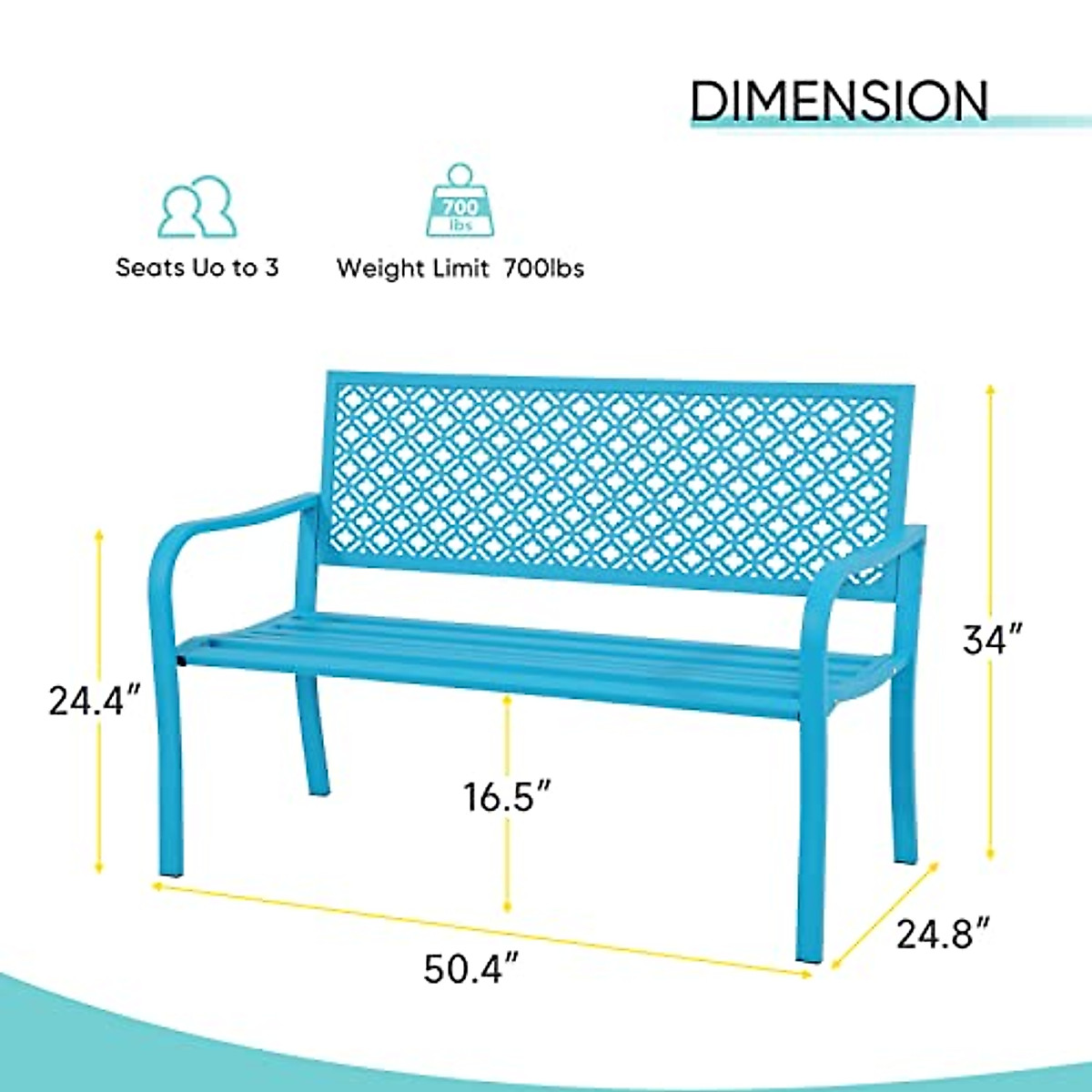Verano Garden Outdoor Patio Bench Rust-Resistant Metal Park Bench with Armrest, Blue Garden Bench for Yard, Porch, Park, Lawn