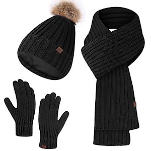 Winter Beanie Hat Scarf Gloves Set for Women, Womens Beanie Hat with Detachable Pom Pom Scarf Neck Warmer Touchscreen Gloves 3 in 1 Set（Black）