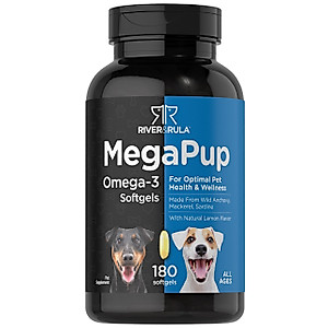 Horbäach Omega 3 Fish Oil for Dogs | 180 Softgels | Mega Pup for Optimal Pet Health & Wellness | Lemon Flavor | Non-GMO, Gluten Free Supplement | by River & RULA