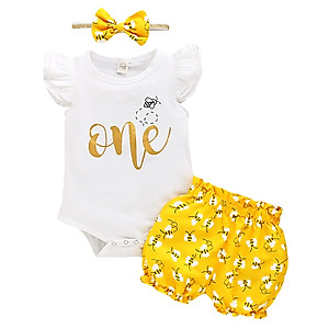 GRNSHTS Baby Girl One Birthday Outfits Honey Bee Ruffle Sleeve Romper+Bumble Bee Shorts+Headband 3Pcs Summer Clothes 12-18 Months