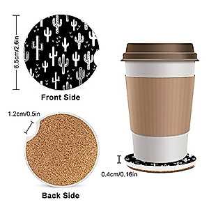 Abstract Ceramic Cup Holders Car Coasters for Women/Men,Absorbent Drink Cup Car Holder Coasters with A Finger Notch 2.56" Pack of 2,Fun Western Cactus Black White Monochromatic Arizona Botanical