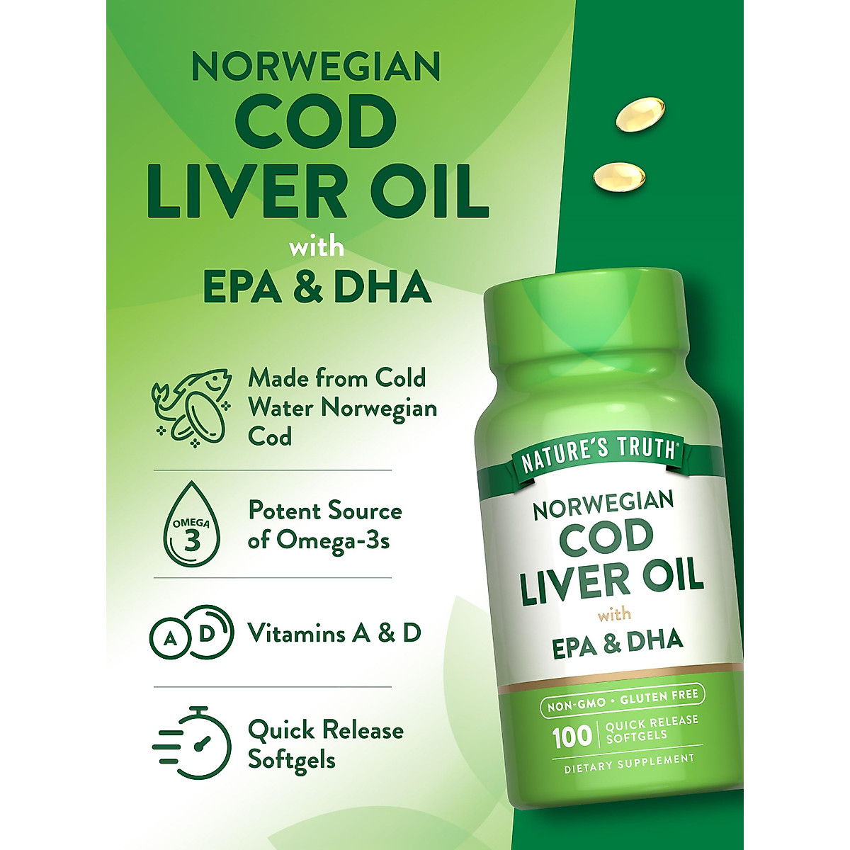 Nature's Truth Norwegian Cod Liver Oil | 100 Softgels | with EPA & DHA | Non-GMO, Gluten Free Supplement