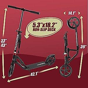 Hudora Folding ,Adjustable Height Scooter for Adults 300 Lbs ,Teens 12 Years and up, Kick Scooter for Outdoor Use (Black)