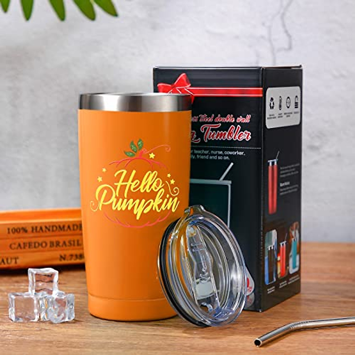 Hello Pumpkin Mug Travel Tumbler, Novelty Pumpkin Mug for Halloween Thanksgiving Harvest Festival, Cute Autumn Kitchen Decor, 20 oz Vacuum Insulated Mug Tumbler with Straw Lid and Brush