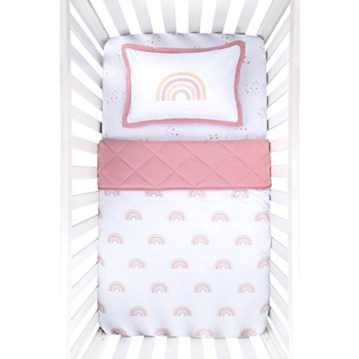 Ely's & Co. Baby Crib Bedding Sets for Girls — 4 Piece Set Includes Crib Sheet, Quilted Blanket, Crib Skirt, and Baby Pillowcase — Pink Rainbow Design