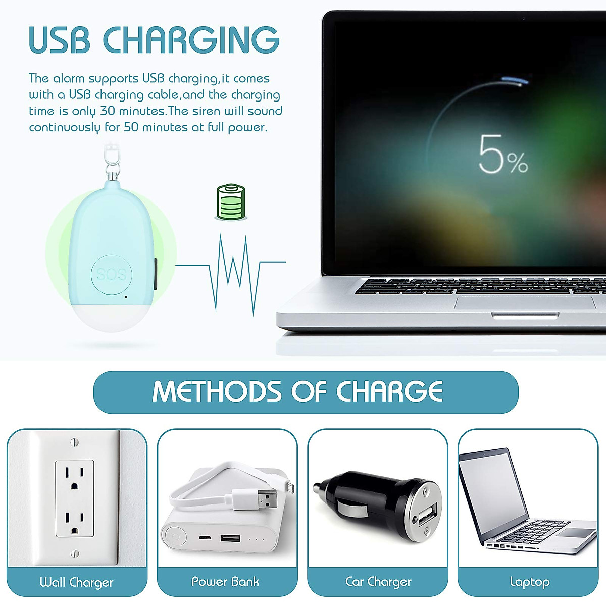 Frienda 4 Pieces Personal Security Alarm Keychain 130 dB Safety Alarm Self Siren Song Keychain with USB Rechargeable LED Flashlight for Women Kids Children Elders Men