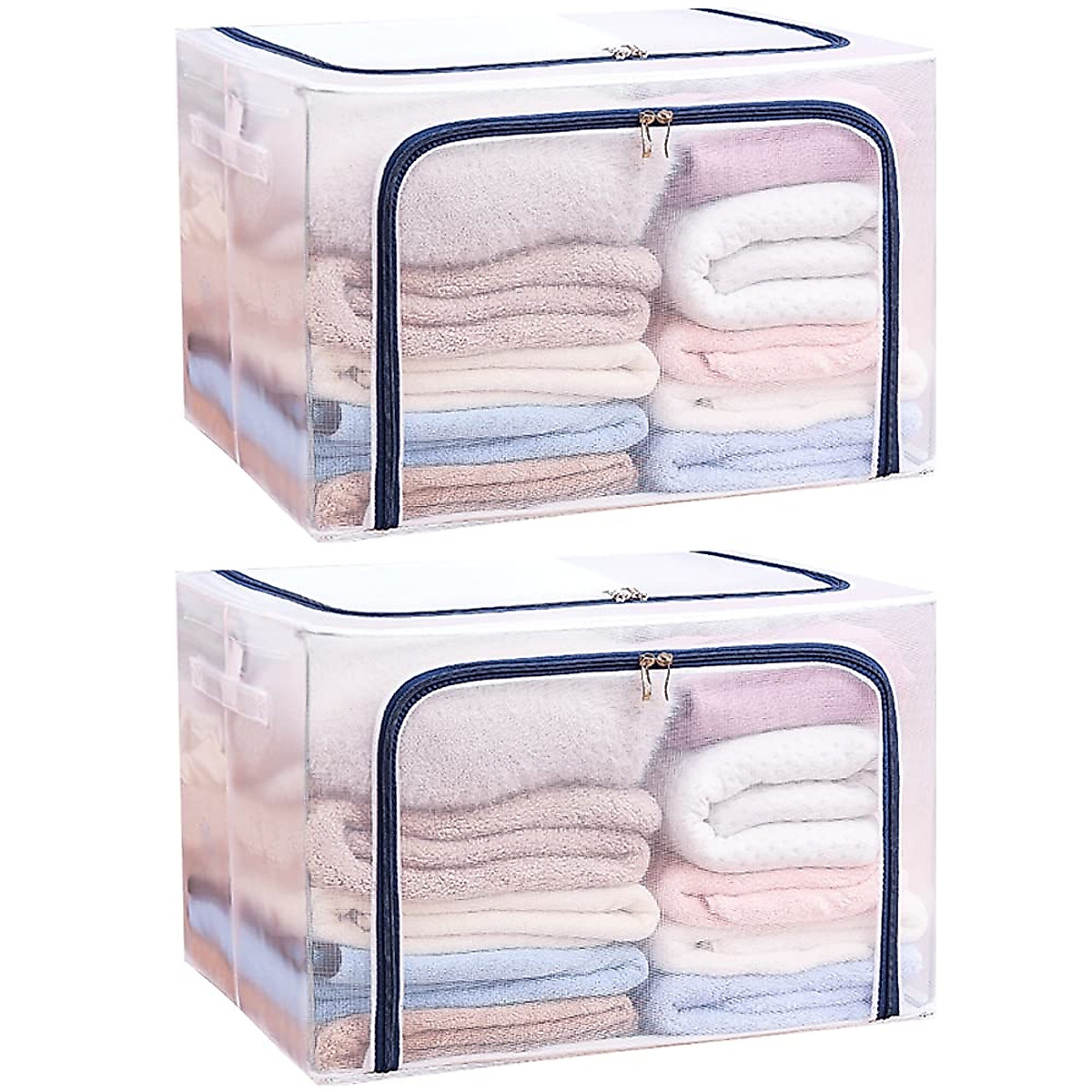 BESTUNIHOM PVC Clear Storage Box,Waterproof Storage Closet Organizers Office Storage Bins Double-way Zippers, Pack of 2 Blue 80L SNX-JWB012PBL80