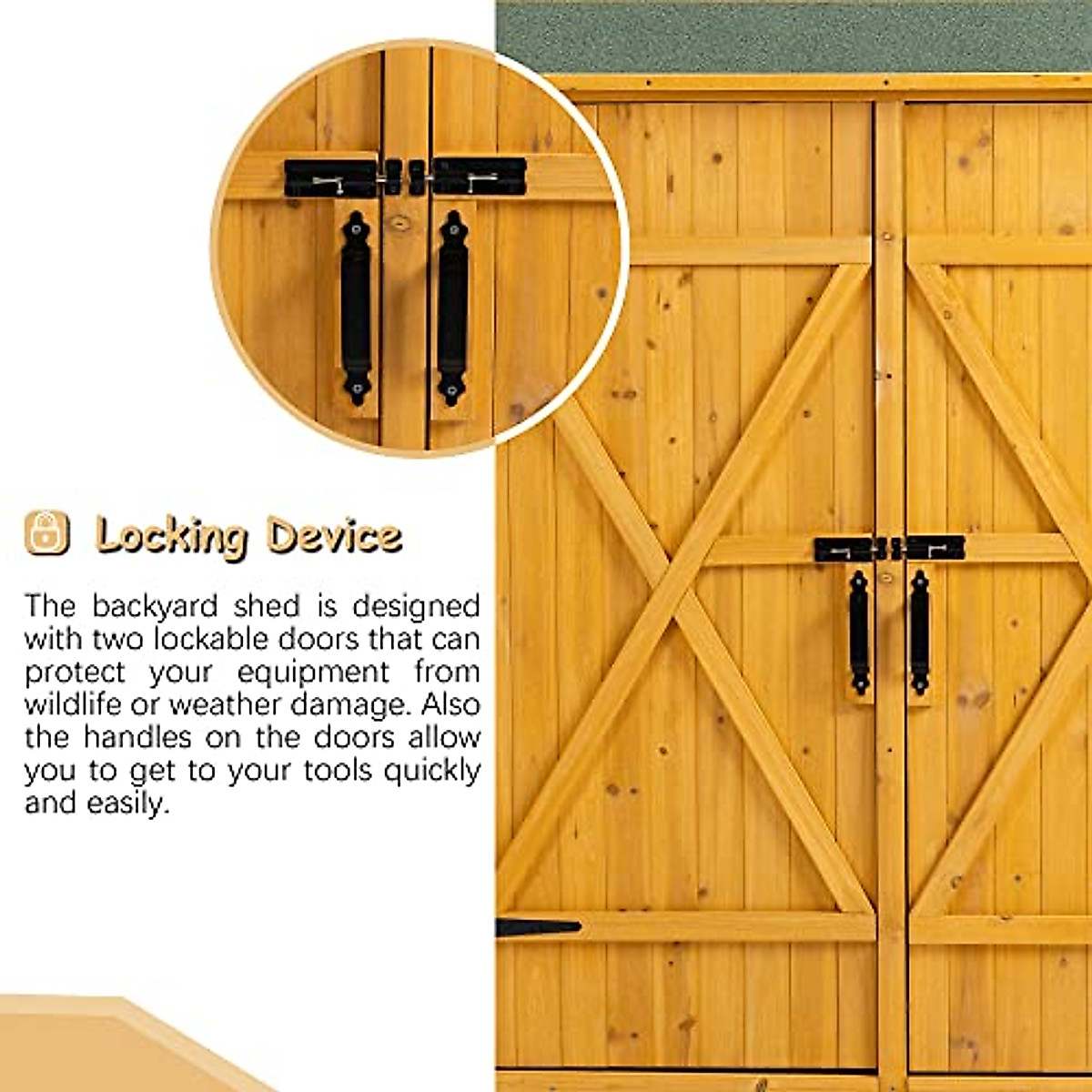 Outdoor Storage Shed, 64" Wood Garden Shed with Double Lockable Doors, Outdoor Storage Cabinet with Waterproof Roof, Weather Resistant Tool Shed Organizer for Patio, Garden, Backyard, Lawn (Natural)