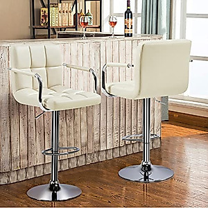 Yaheetech Tall Bar Stools Set of 2 Modern Square PU Leather Adjustable BarStools Counter Height Stools with Arms and Back Bar Chairs 360° Swivel Stool, Beige