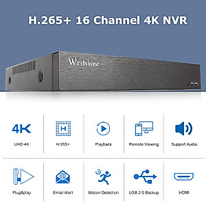 Westshine 4K NVR 16-Channel Surveillance Network Video Recorder, 16CH 4K/5MP/4MP/3MP/1080P NVR for Home Security CCTV System, Supports up to 16 x 4K IP Cameras, P2P Remote View(Hard Disk Not Included)