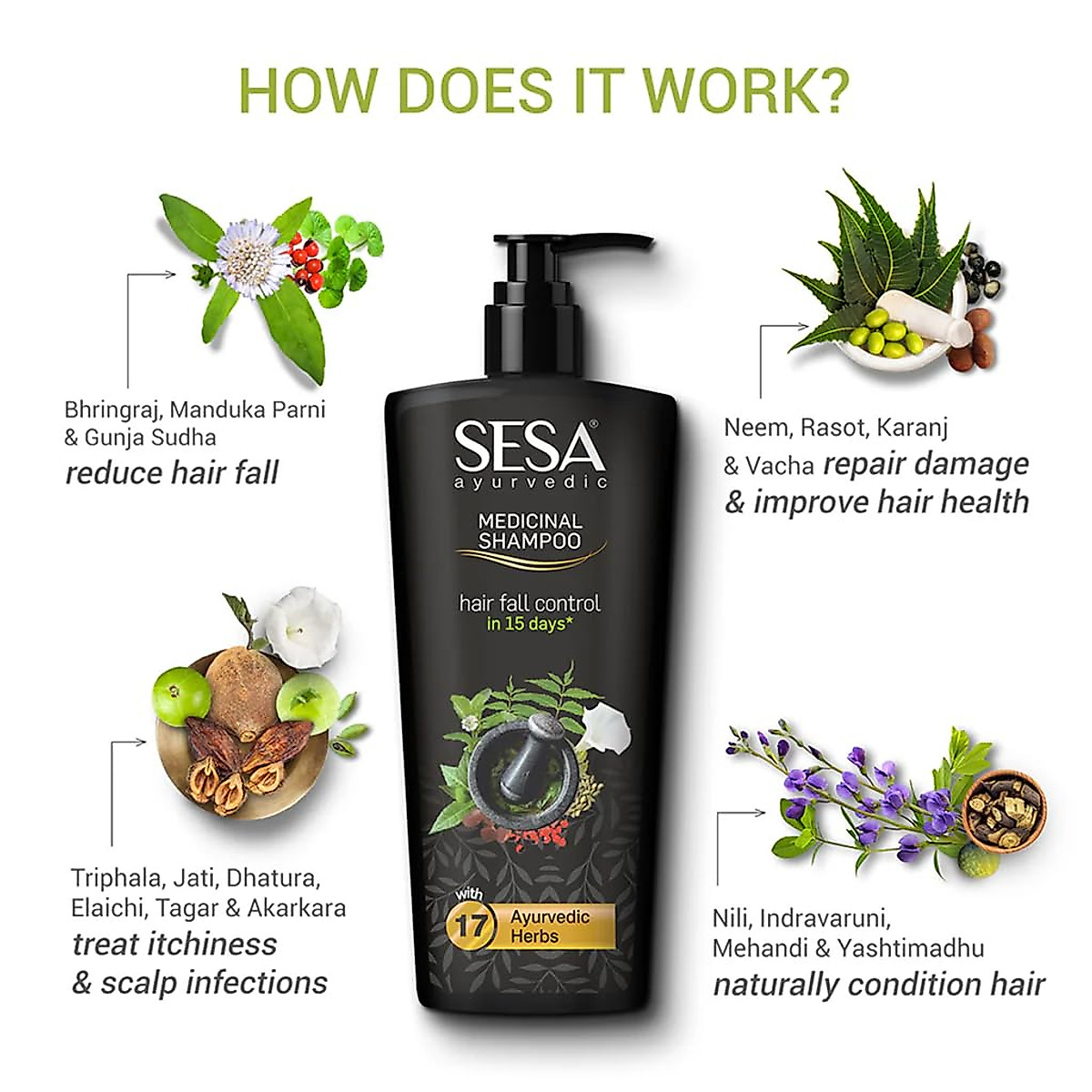 SESA Ayurvedic Medicinal Shampoo Hairfall Control Anti Dandruff Shampoo Infused with 17 Ayurvedic Herbs Smooth & Shiny Hair For Men & Women - 500 ml or 16.90 oz