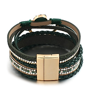 hotoo Leather Wrap Bracelet for Women Green Beaded Cuff Bracelet with Heart-shape Decor Bohemian Crystal Bracelet Jewelry with Clasp Bangle Bracelet for Women Birthday Holiday Gift