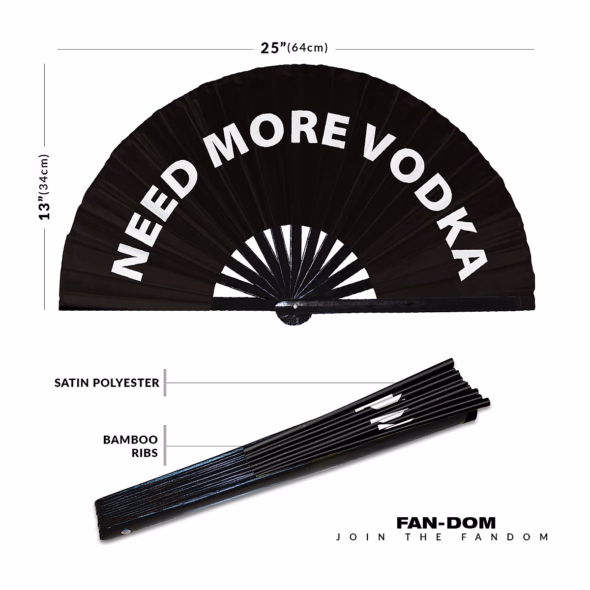 Need More Vodka hand fan foldable bamboo circuit hand fan funny gag slang words expressions statement gifts Festival accessories Rave handheld Circuit event fan Clack fans (Black), 13 inch