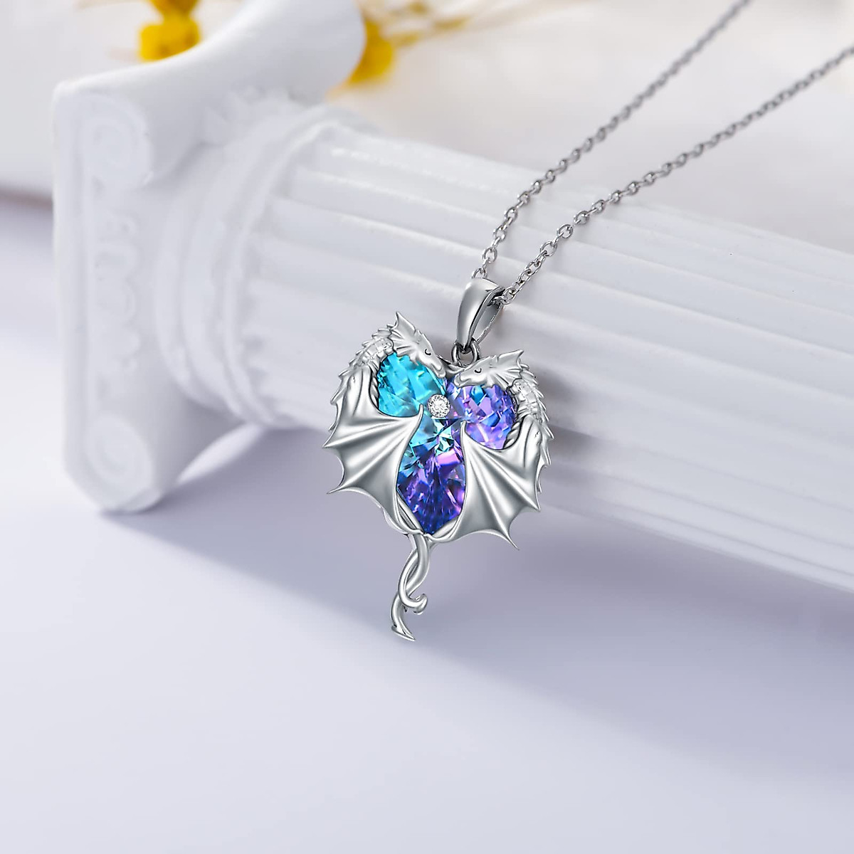 AOBOCO Dragon Necklace Sterling Silver Dragon Heart Pendant Necklace with Purple Austrian Crystal Dragon Jewelry Gift for Women