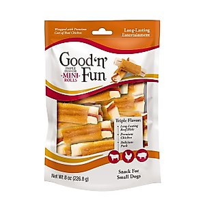 Good 'n' Fun Triple Flavor Mini Rolls, 8 Ounce, Treat Your Small Dog to a Long-Lasting Rawhide Chews