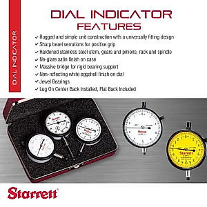 Starrett Dial Indicator Set with Jewel Bearing and Case - White Face, 025", .125", 1.00" Range, 0-5-0, 0-25-0, 0-100 Dial Reading, .001" Graduations - S253Z