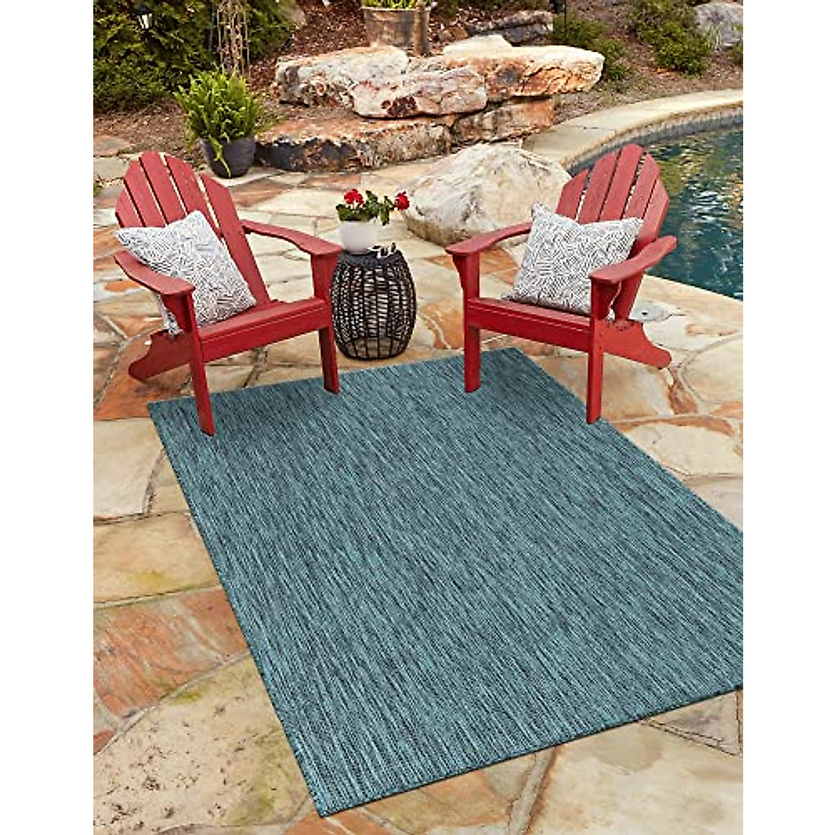 Rugs.com Outdoor Solid Collection Rug – 4' x 6' Teal Flatweave Rug Perfect for Entryways, Kitchens, Breakfast Nooks, Accent Pieces