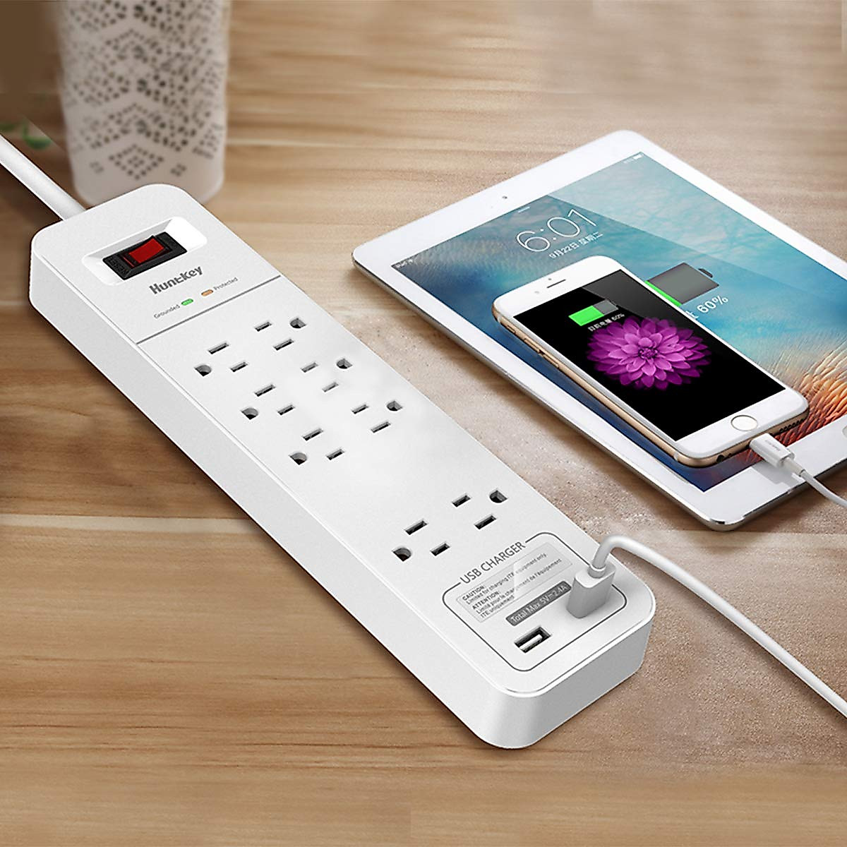 Huntkey Power Strip Surge Protector 4000 Joule, 3 USB Charger Port 12 ...