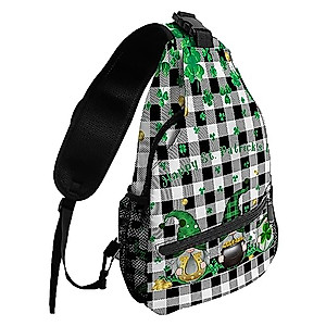 Sling Backpack, St.Patrick's Day Shamrocks Gnome Black and White Buffalo Plaid Waterproof Lightweight Small Sling Bag, Travel Chest Bag Crossbody Shoulder Bag Hiking Daypack for Women Men